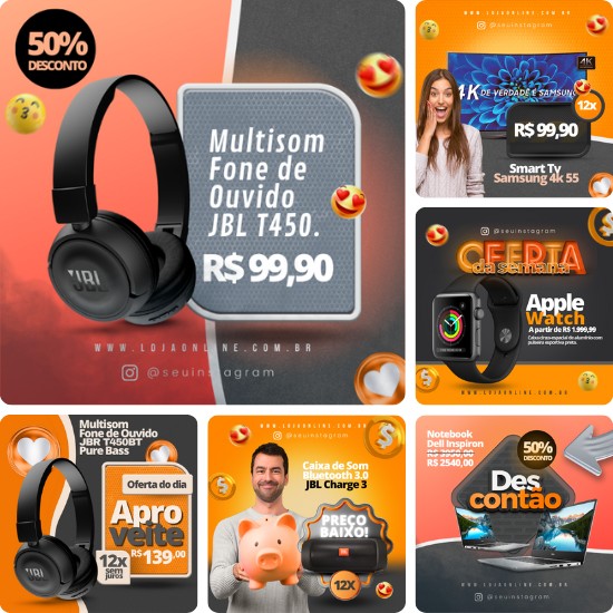 Posts Prontos para Loja de Eletrônicos - Pack Canva com 32 Artes